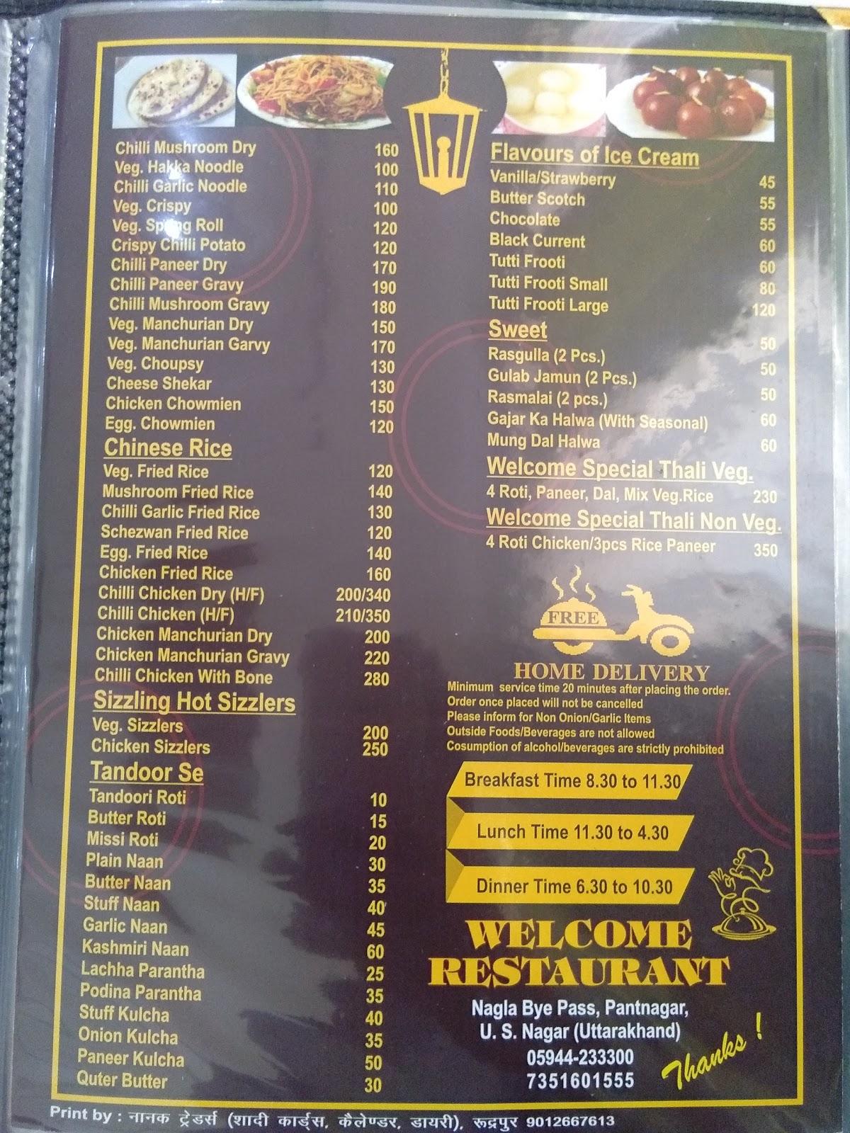 Menu at Welcome Restaurant, Pantnagar, 2GH8+492