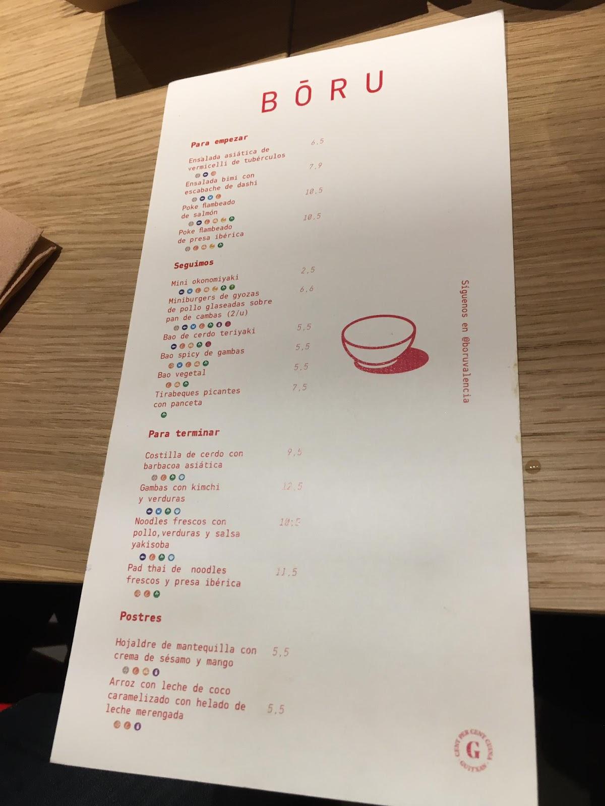 Menu at BORU restaurant, Valencia