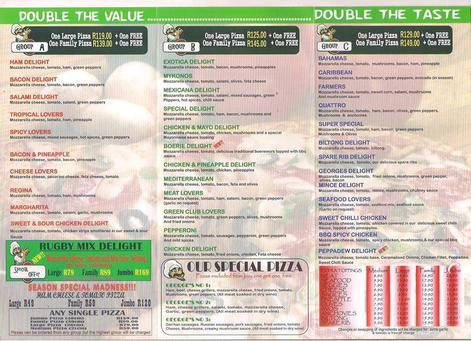 Menu at Georges Pizza restaurant, Centurion