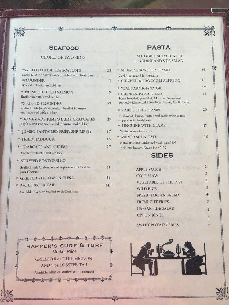 Menu at Harper’s Tavern steakhouse, Fort Indiantown Gap