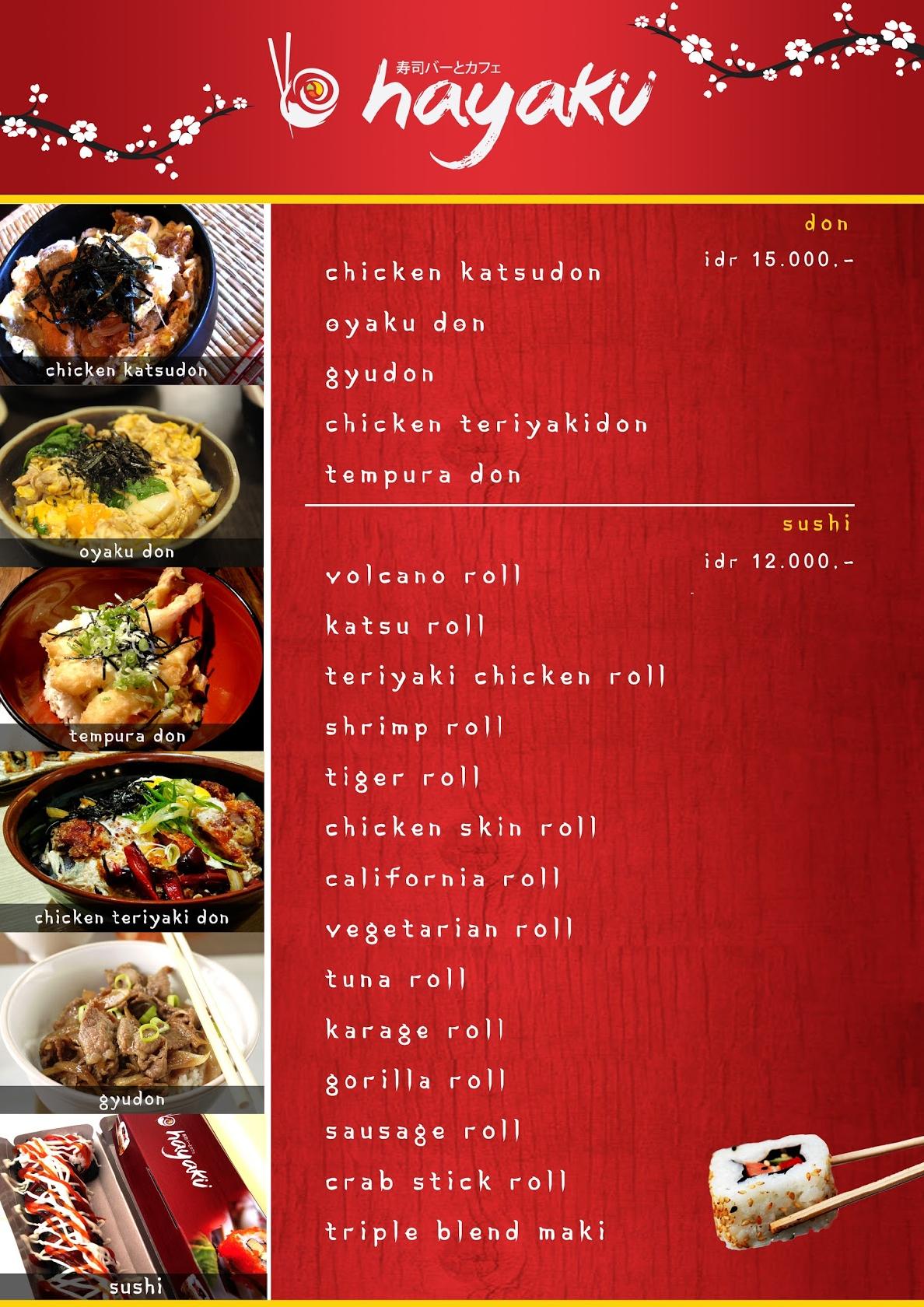 Menu at Hayaku Sushi restaurant, Tropodo
