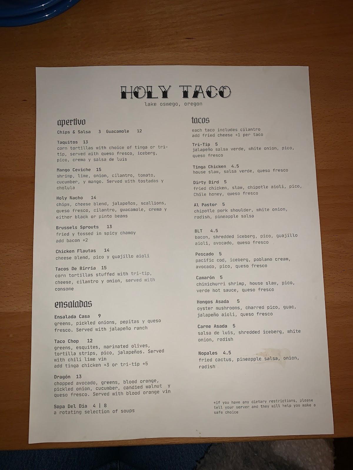 Menu at Holy Taco pub & bar, Lake Oswego