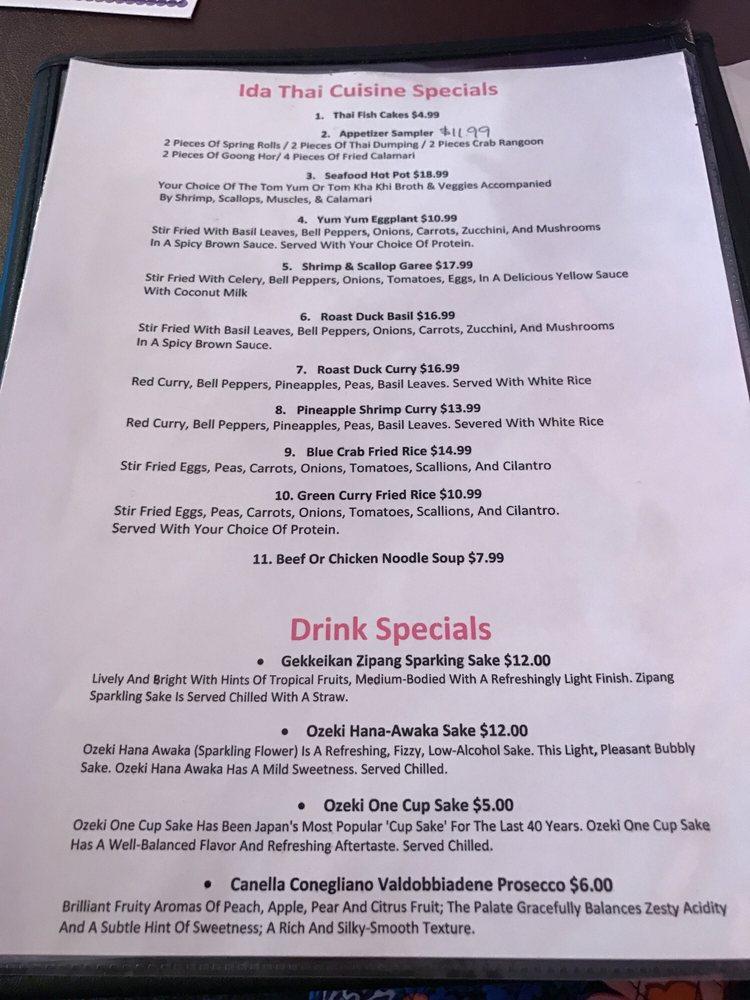 Menu at Ida Thai restaurant, Carolina Beach