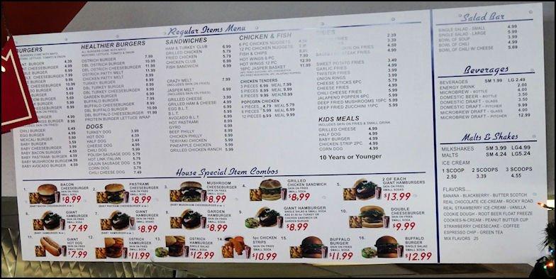 Menu at Jasper's Giant Burgers restaurant, Gold River