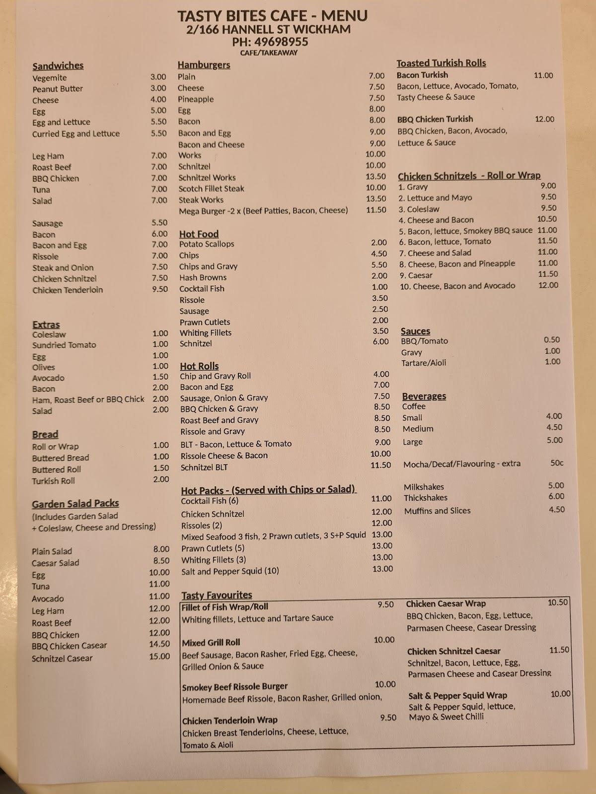 Menu at Tasty Bites Cafe, Wickham