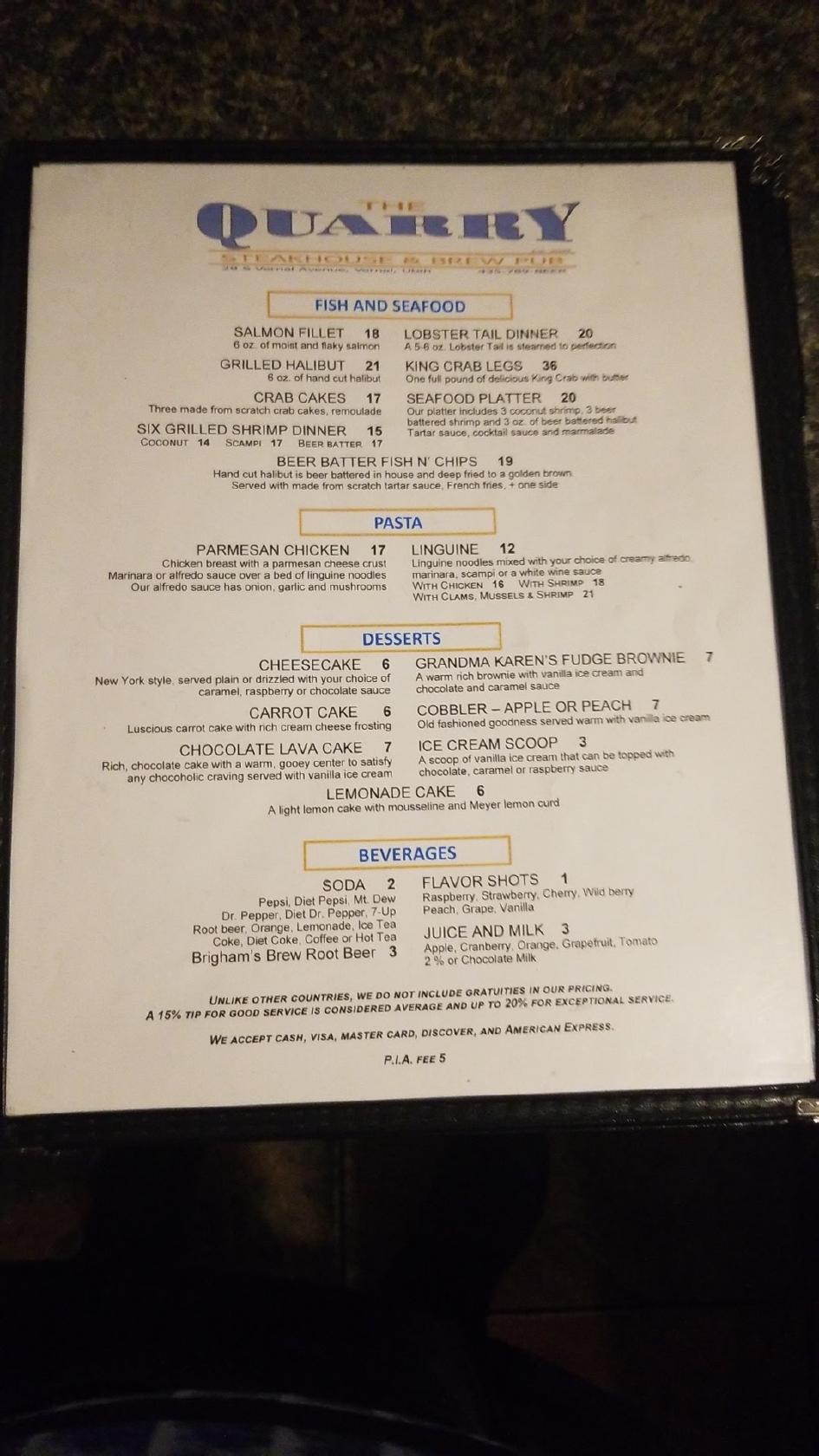Menu at The Quarry Steakhouse & Brew Pub, Vernal