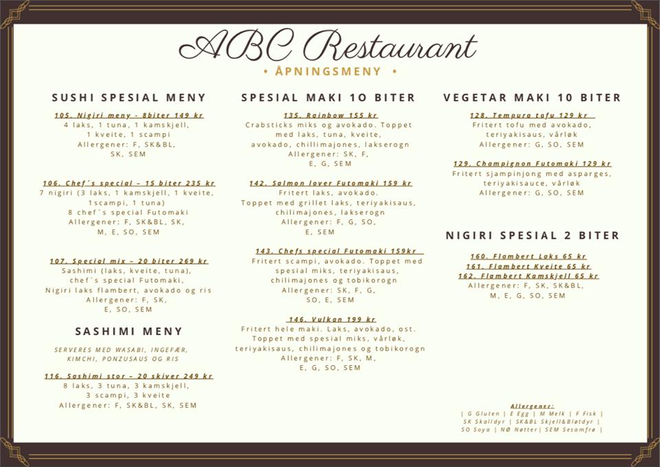 Menu at ABC Restaurant, Strømmen