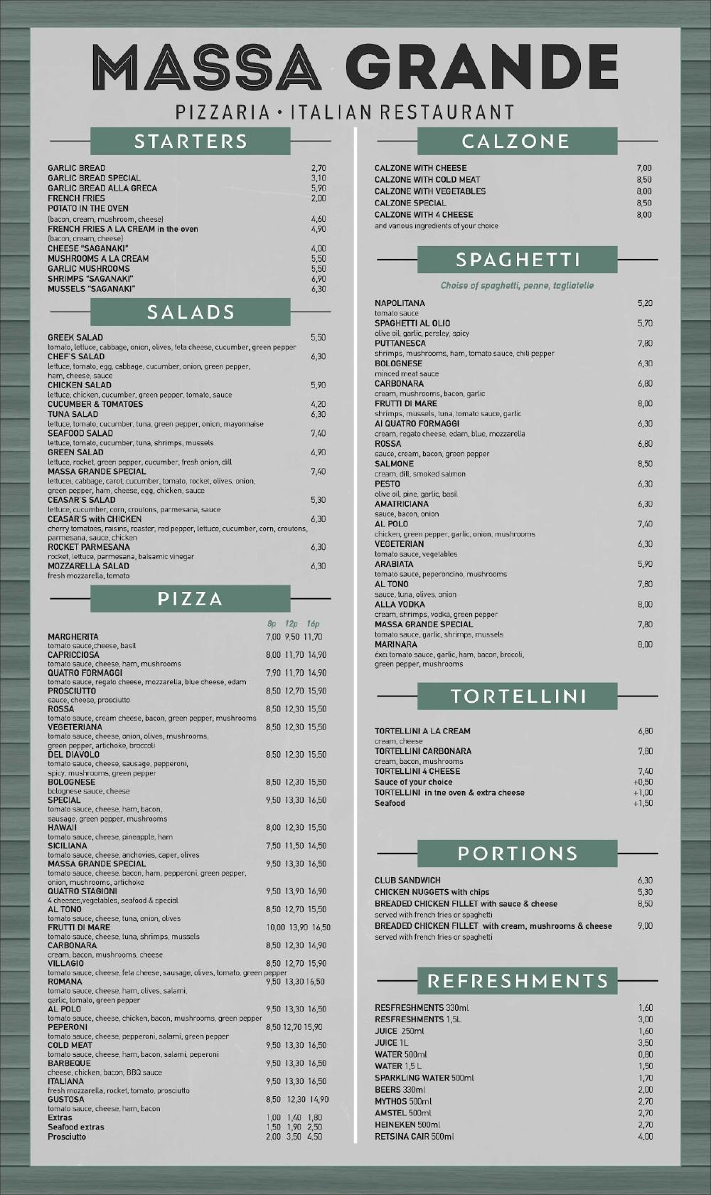 Menu at Massa Grande, Pastida