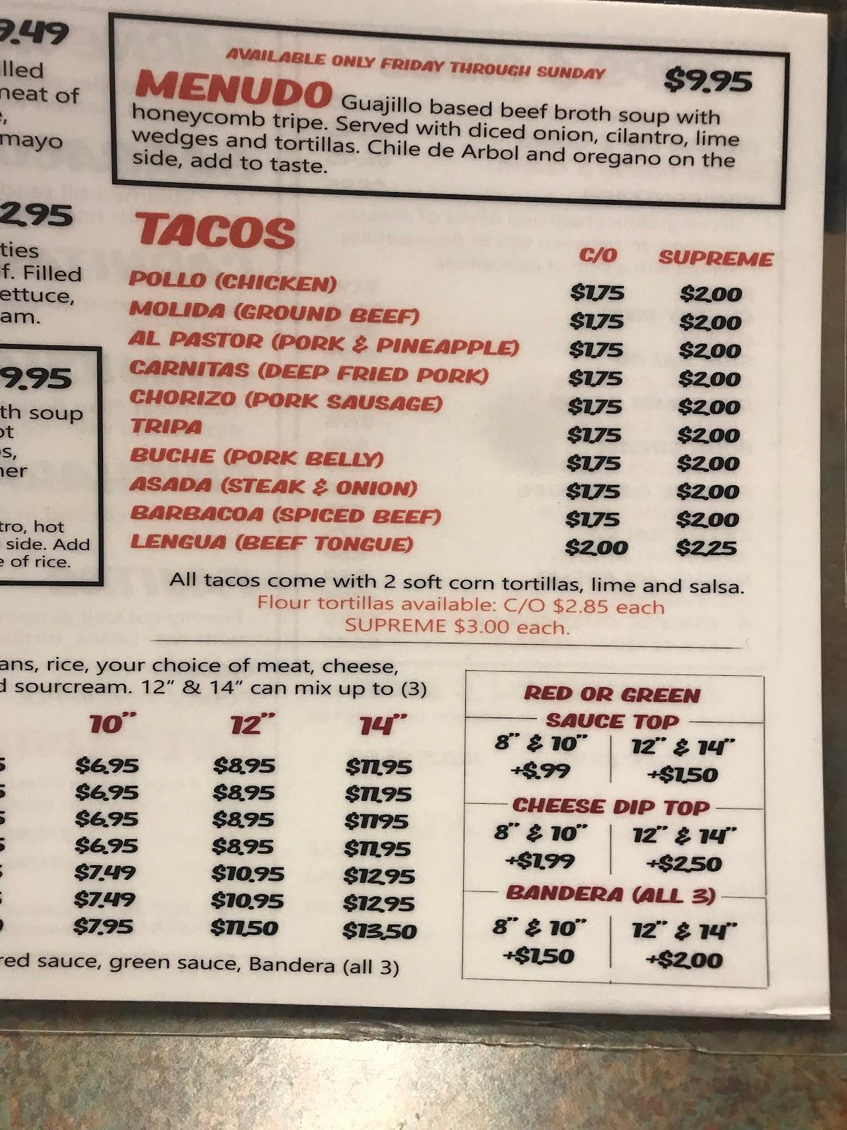Menu at Taco Express Latinoamericana restaurant, Hopkinsville