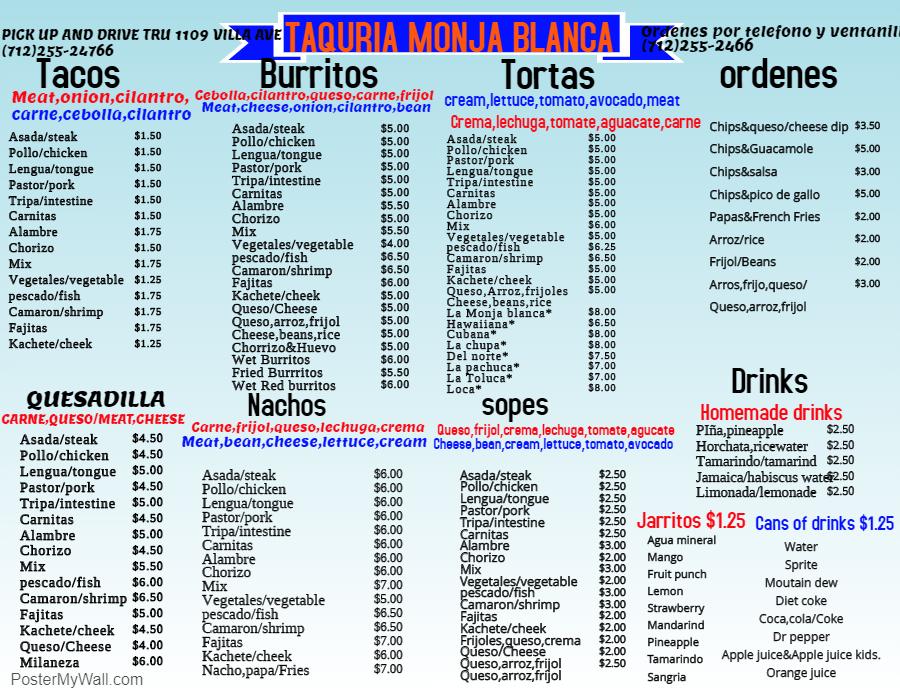 Menu at Taqueria Monja Blanca restaurant, Sioux City