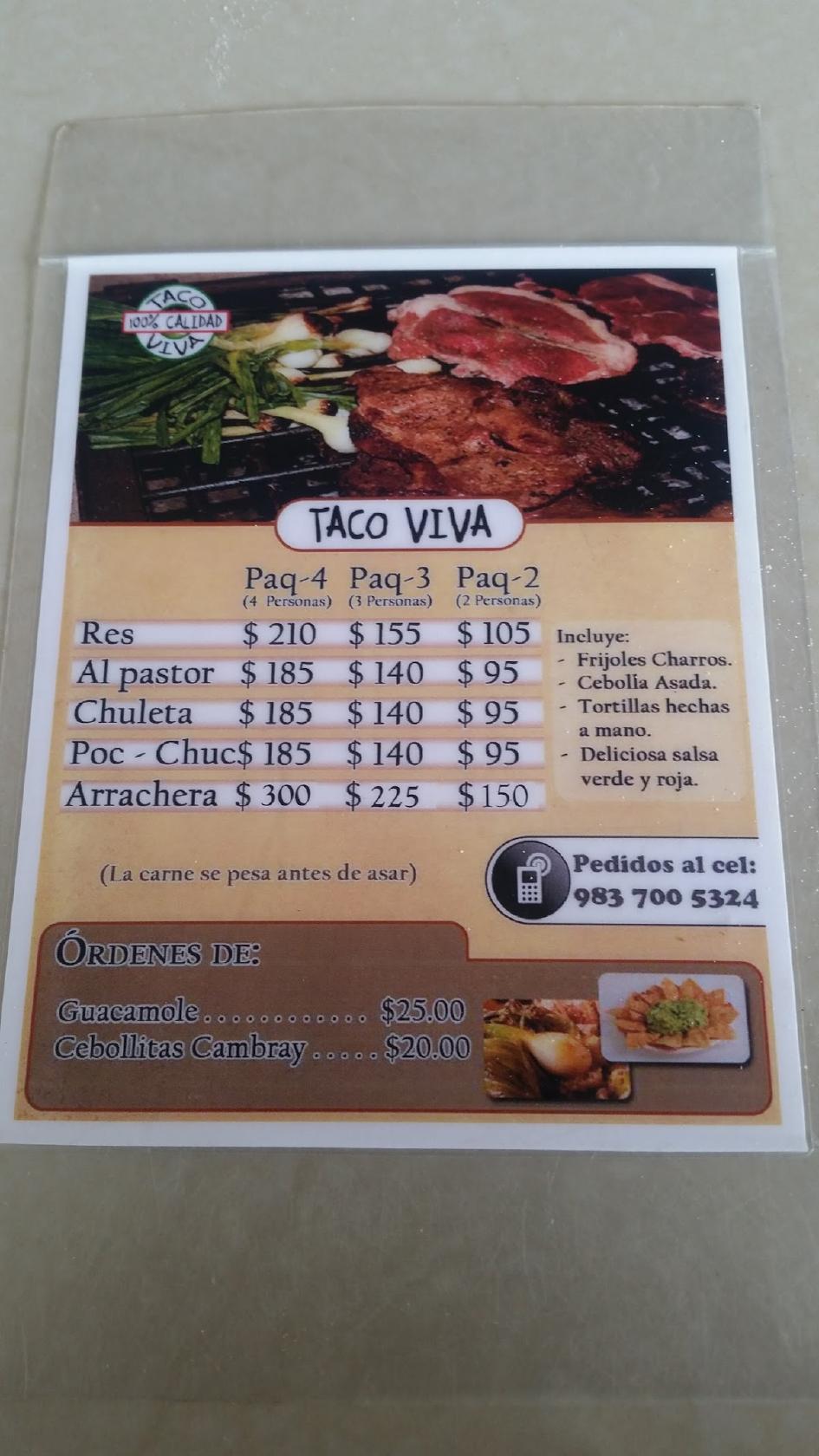 Carta del restaurante taco viva, Chetumal