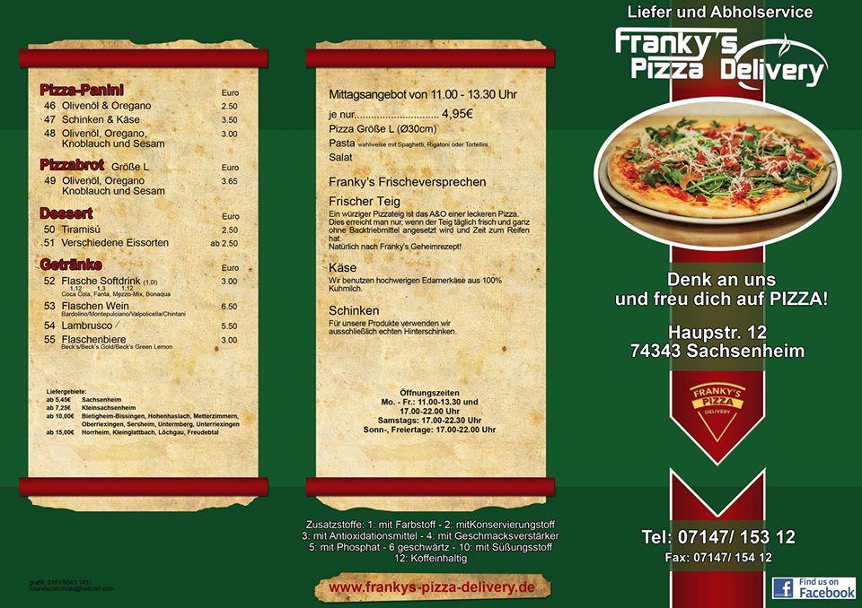 Menu at Franky's Pizza Delivery, Austria
