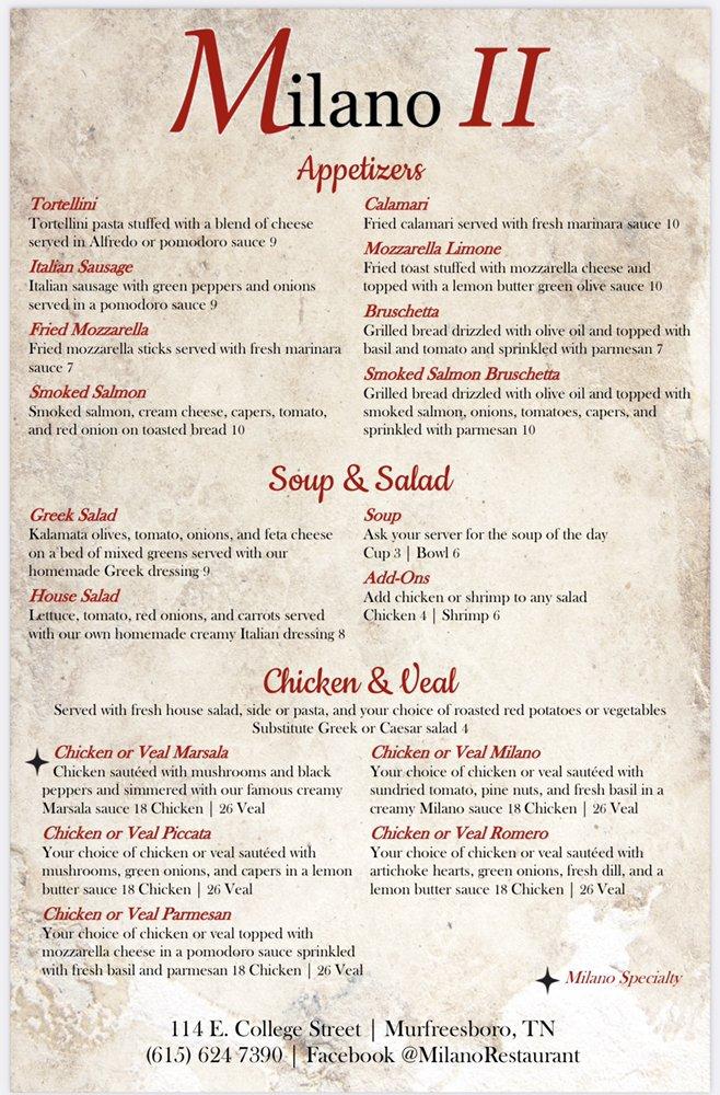 Menu at Milano II & Jack’s place restaurant, Murfreesboro