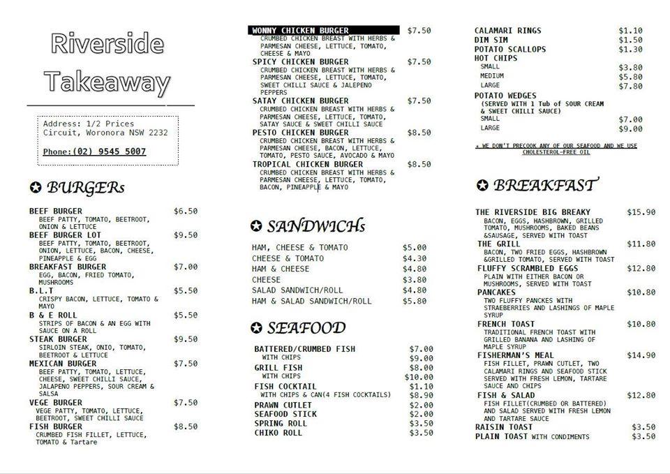 Menu at Riverside Takeaway fast food, Woronora