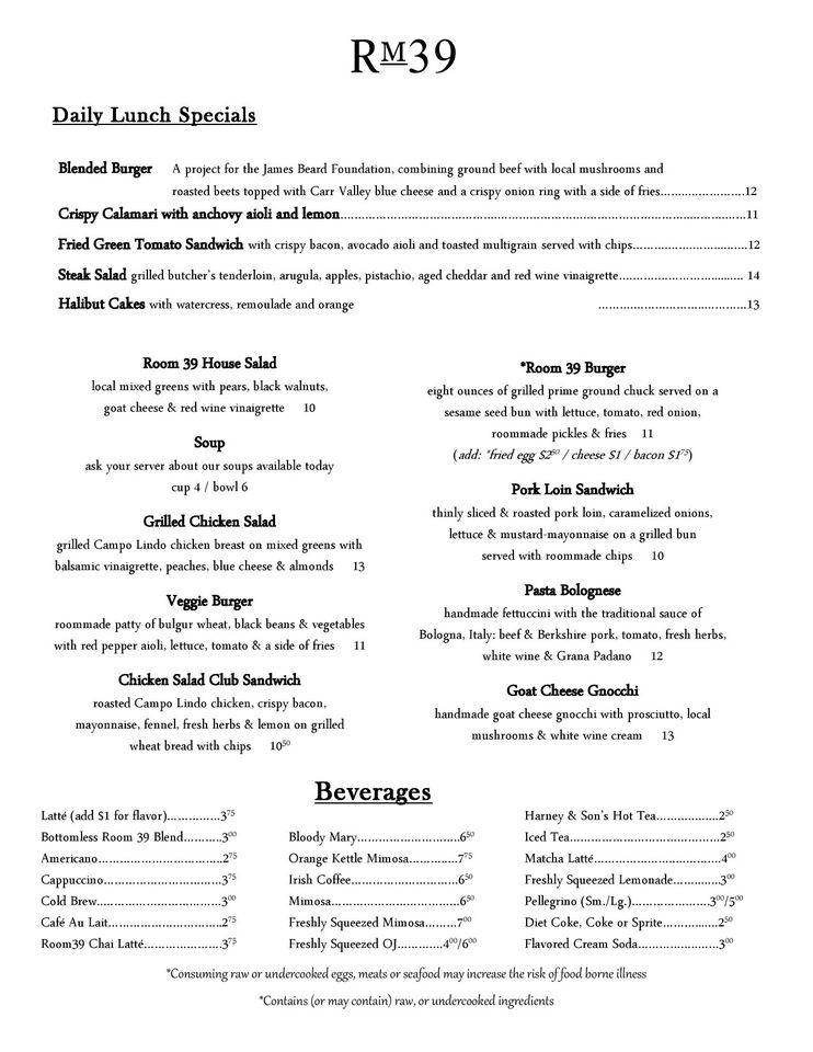 Menu at Room 39 restaurant, Kansas City