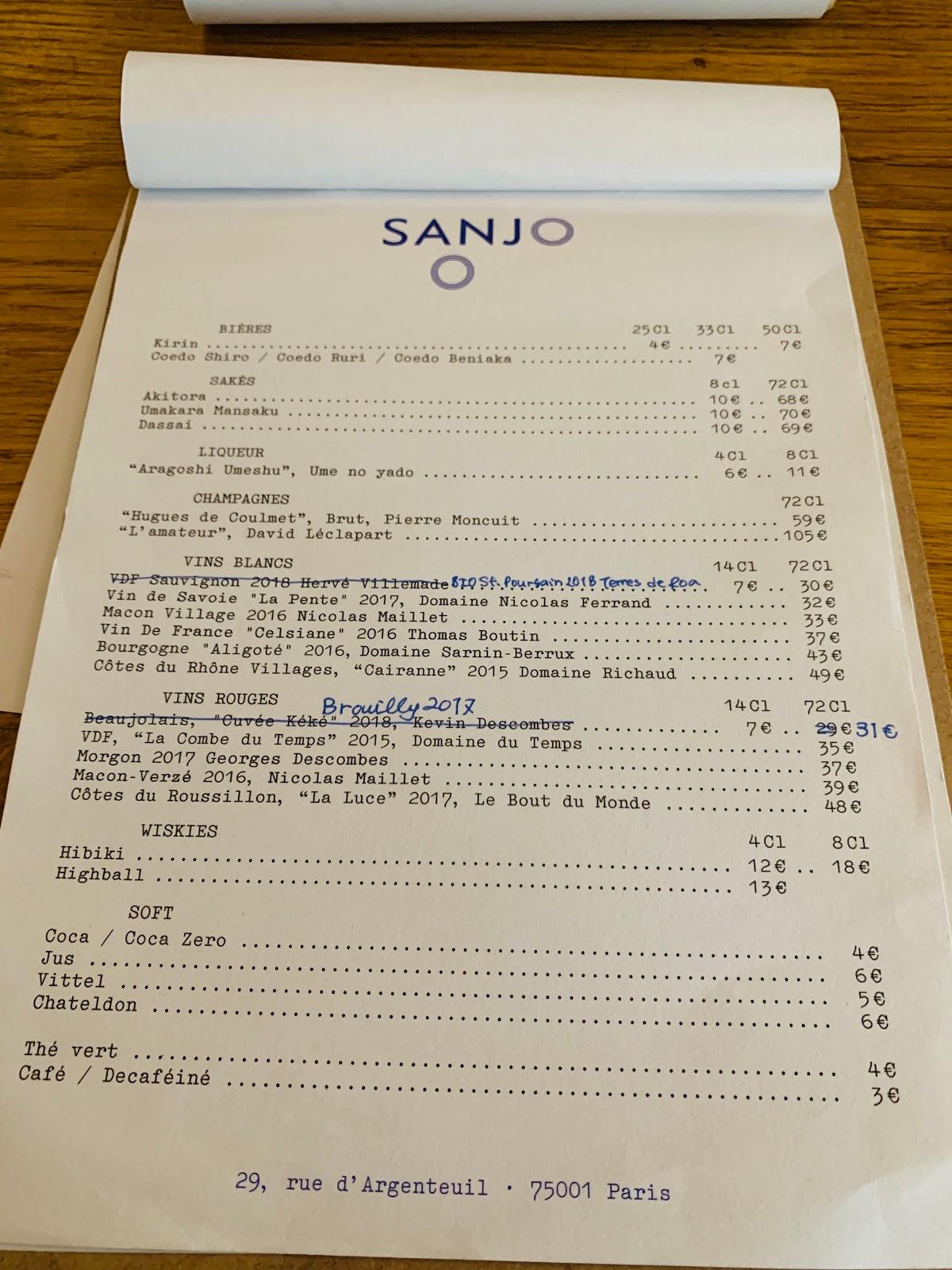 Menu at Sanjo restaurant, Paris, 29 Rue d'Argenteuil