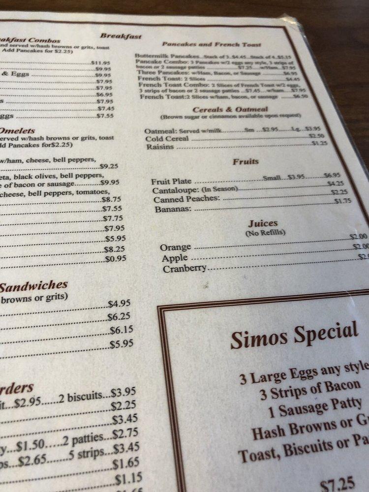 Menu at Simos Diner restaurant, Houston