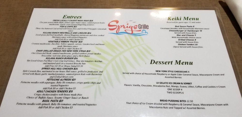Menu at Sprigs Grille Restaurant, Kapolei