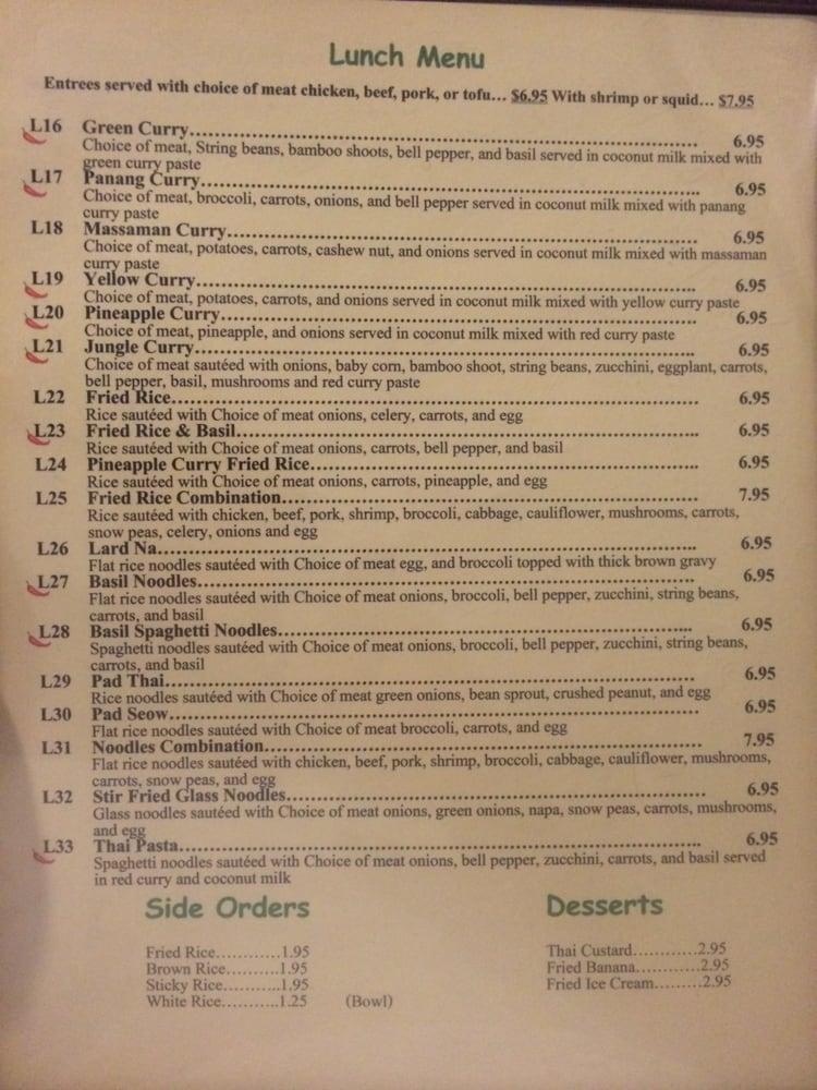Menu at Thai Jasmine restaurant, Fayetteville