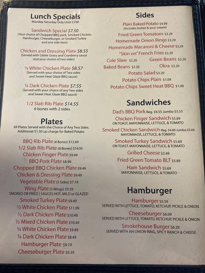 Menu at Dad's BBQ, Anniston, McClellan Blvd