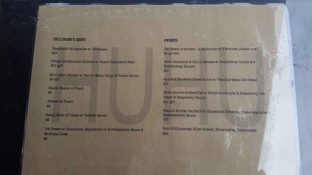 Menu at HUHU Cafe, Waitomo