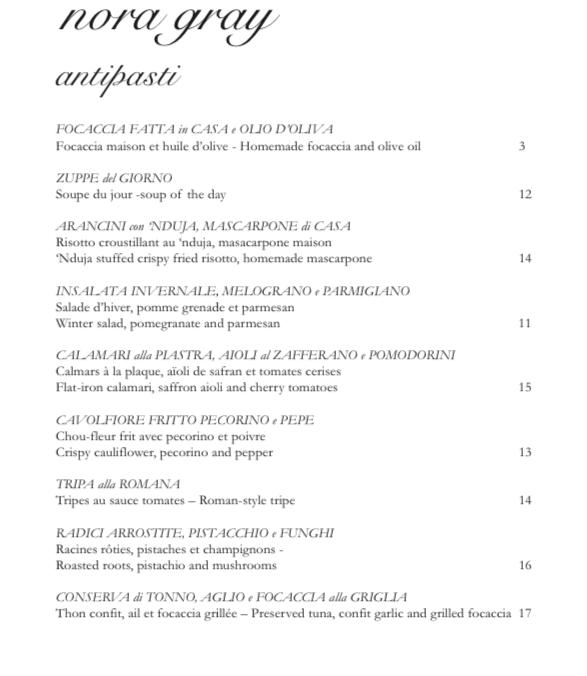 Menu at Nora Gray restaurant, Montréal