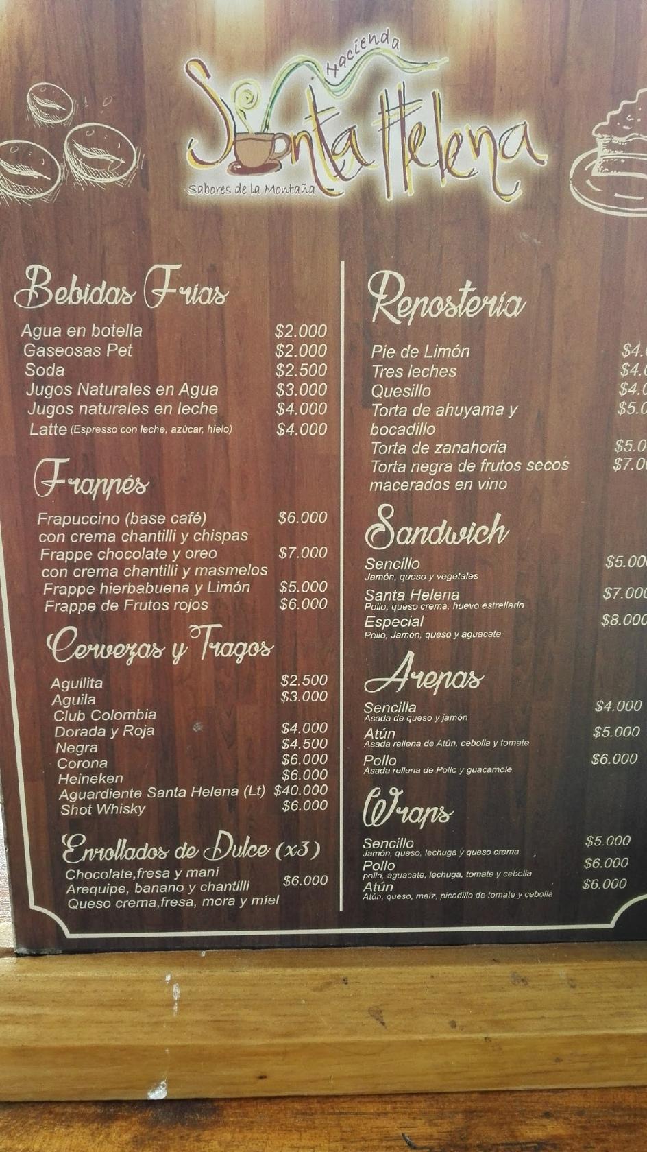 Menu at Santa Helena Iscala restaurant, Chinácota