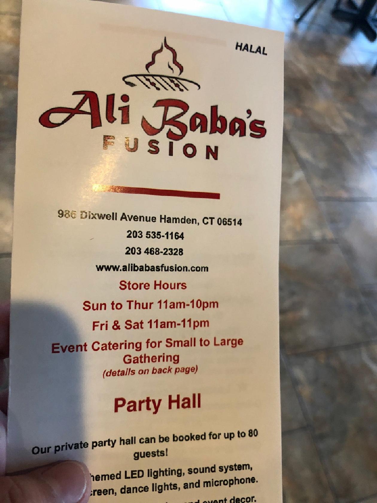 Menu at Ali Baba's Kitchen restaurant, Hamden, 986 Dixwell Ave