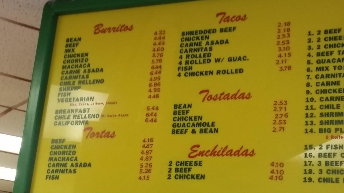 Menu at El Azteca Taco Shop restaurant, La Mesa