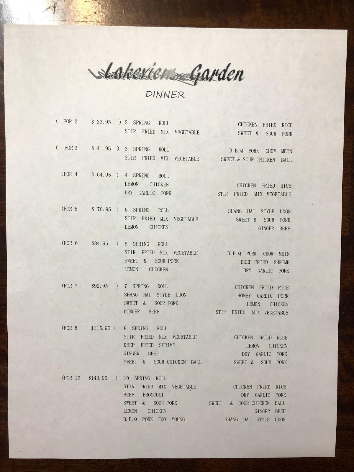 Menu at Lakeview Garden Restaurant, Saint Laurent