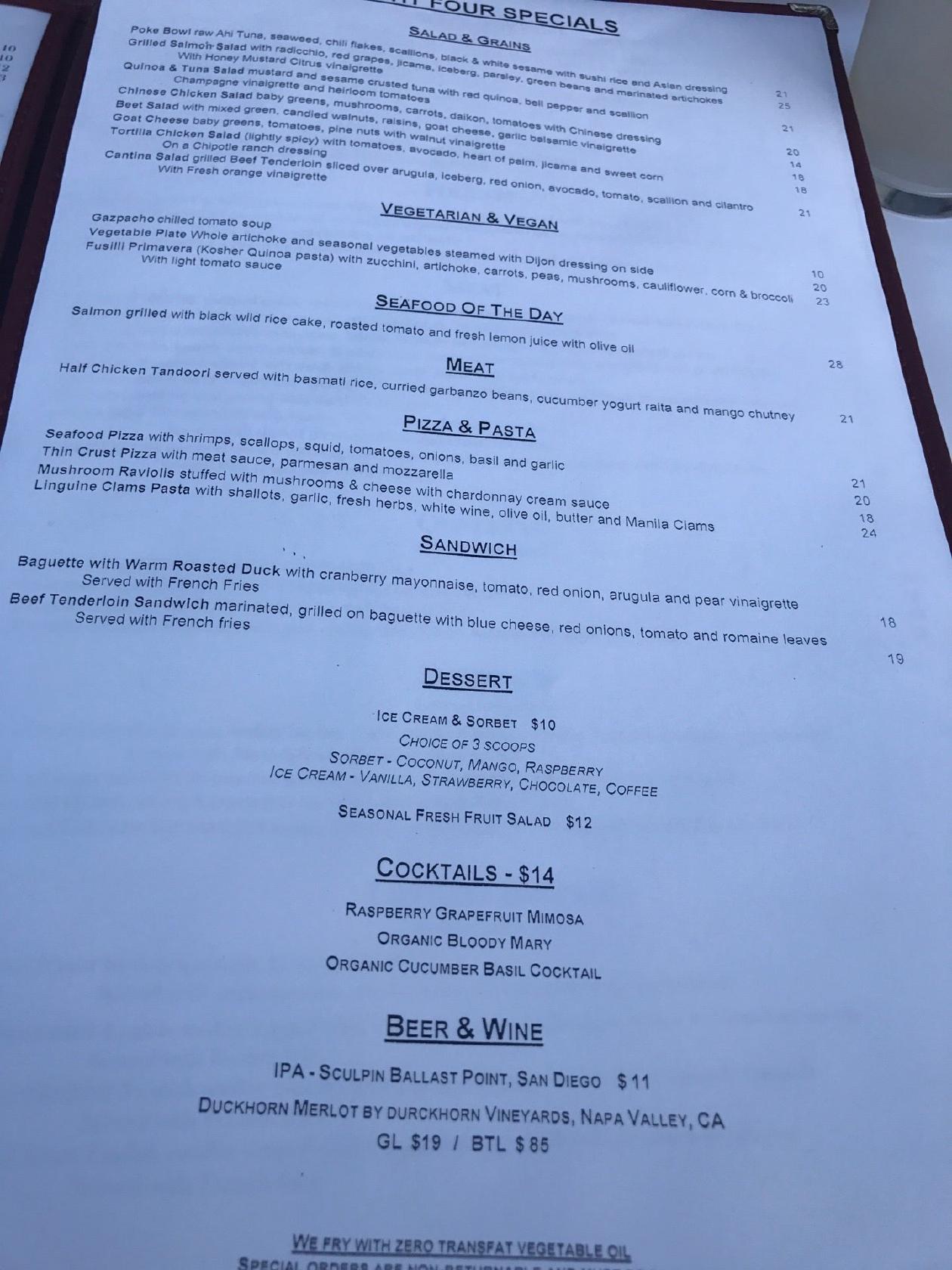 Menu at Le Petit Four restaurant, West Hollywood