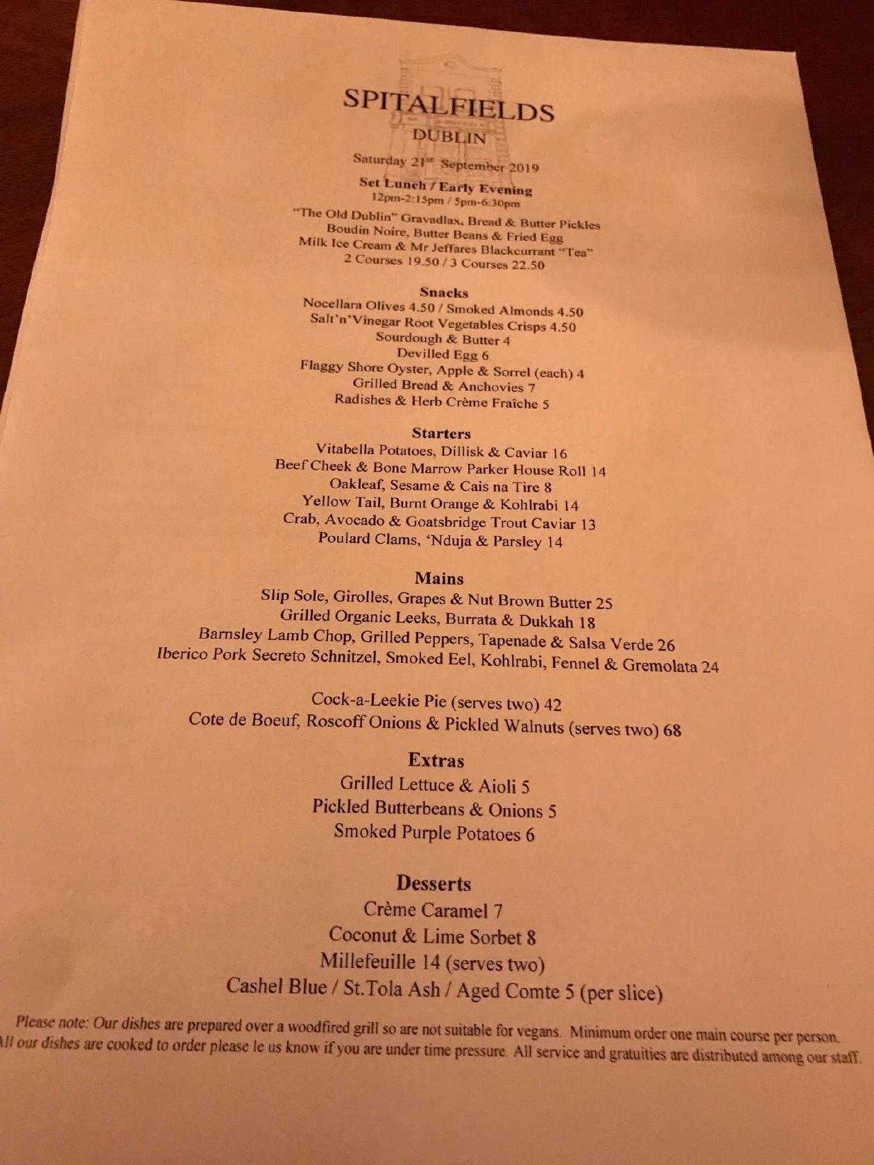 Menu at Spitalfields pub & bar, Dublin