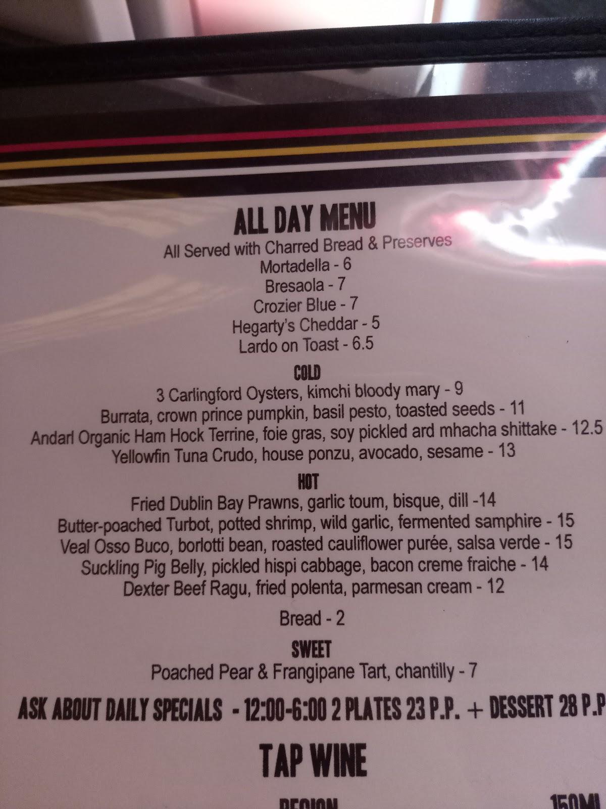 Menu at Amy Austin restaurant, Dublin