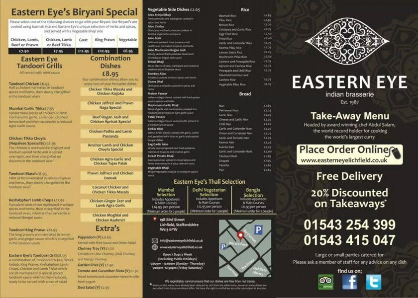 Menu at Eastern Eye - Indian Brasserie restaurant, Lichfield