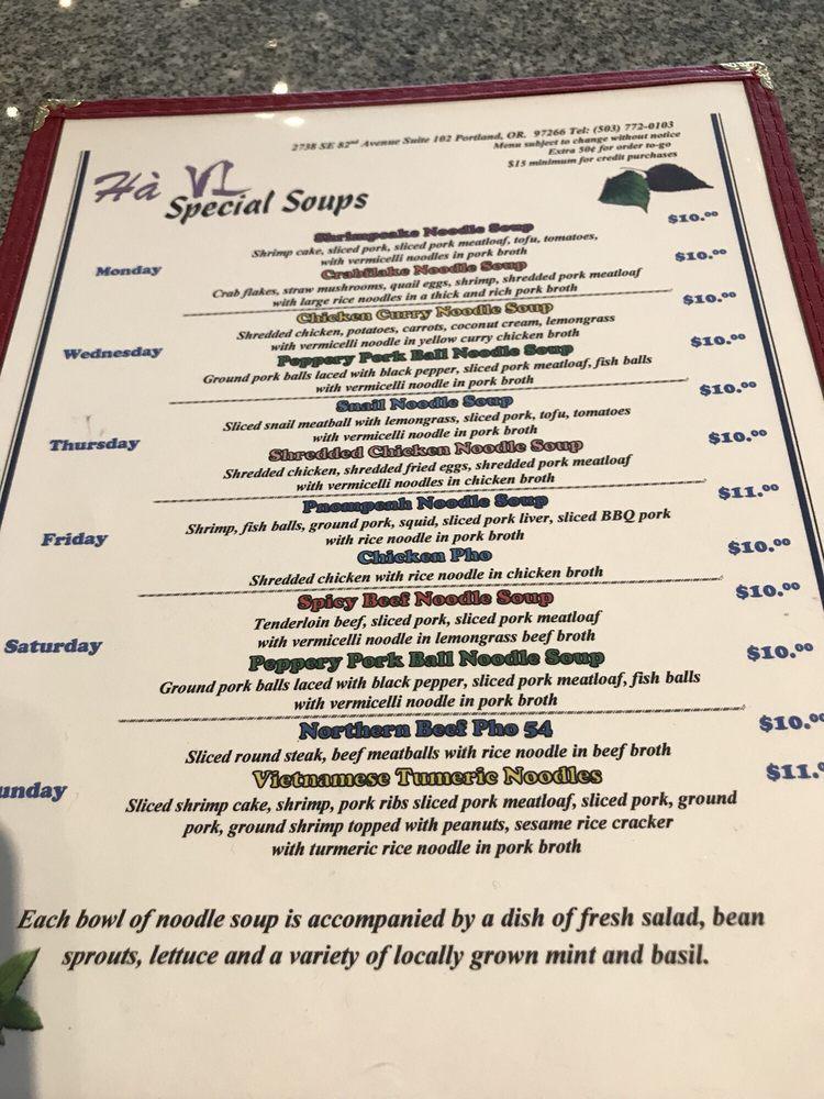 Menu at HA VL Vietnamese Noodle Soup restaurant, Portland
