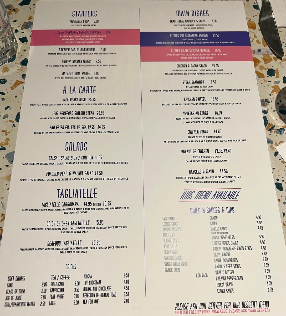 Menu at Lizzie's cafe, Dunfanaghy