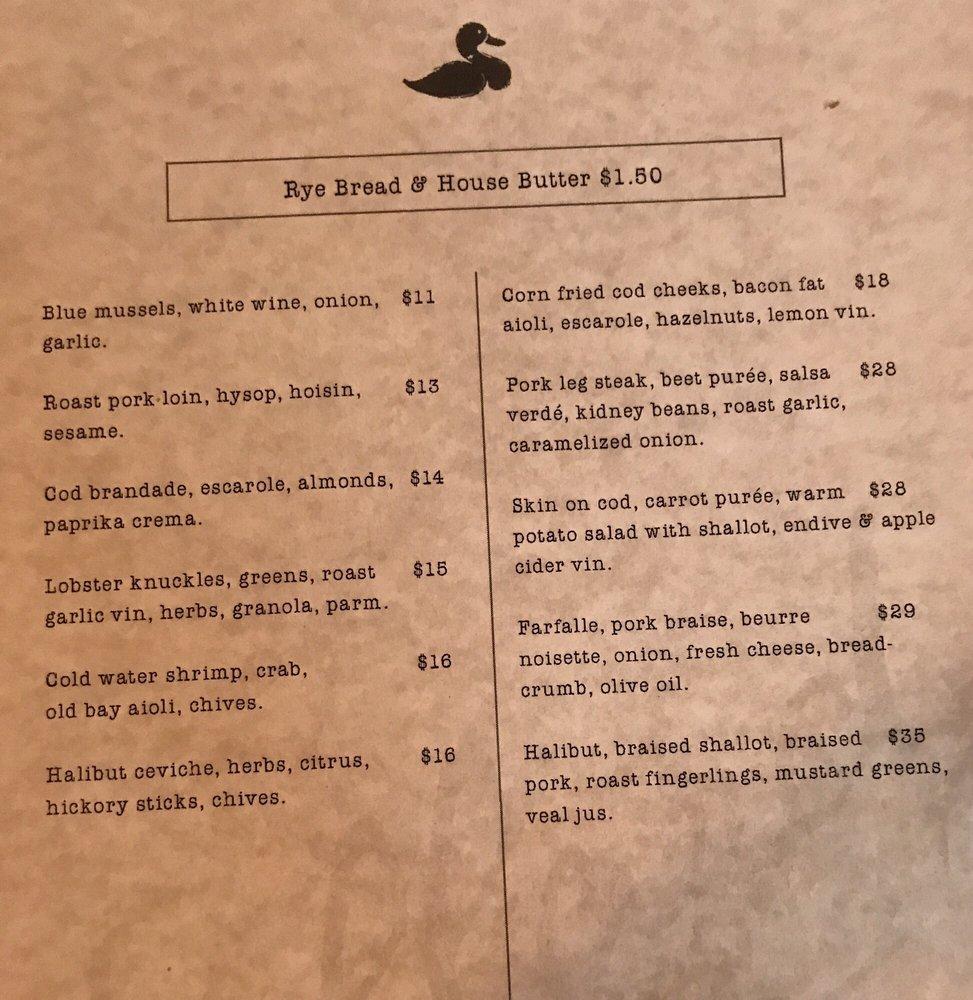Menu at Mallard Cottage restaurant, St. John's