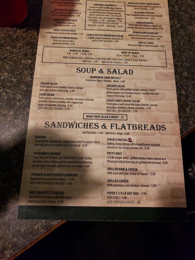 Menu at Piper's Pub, Gladwin