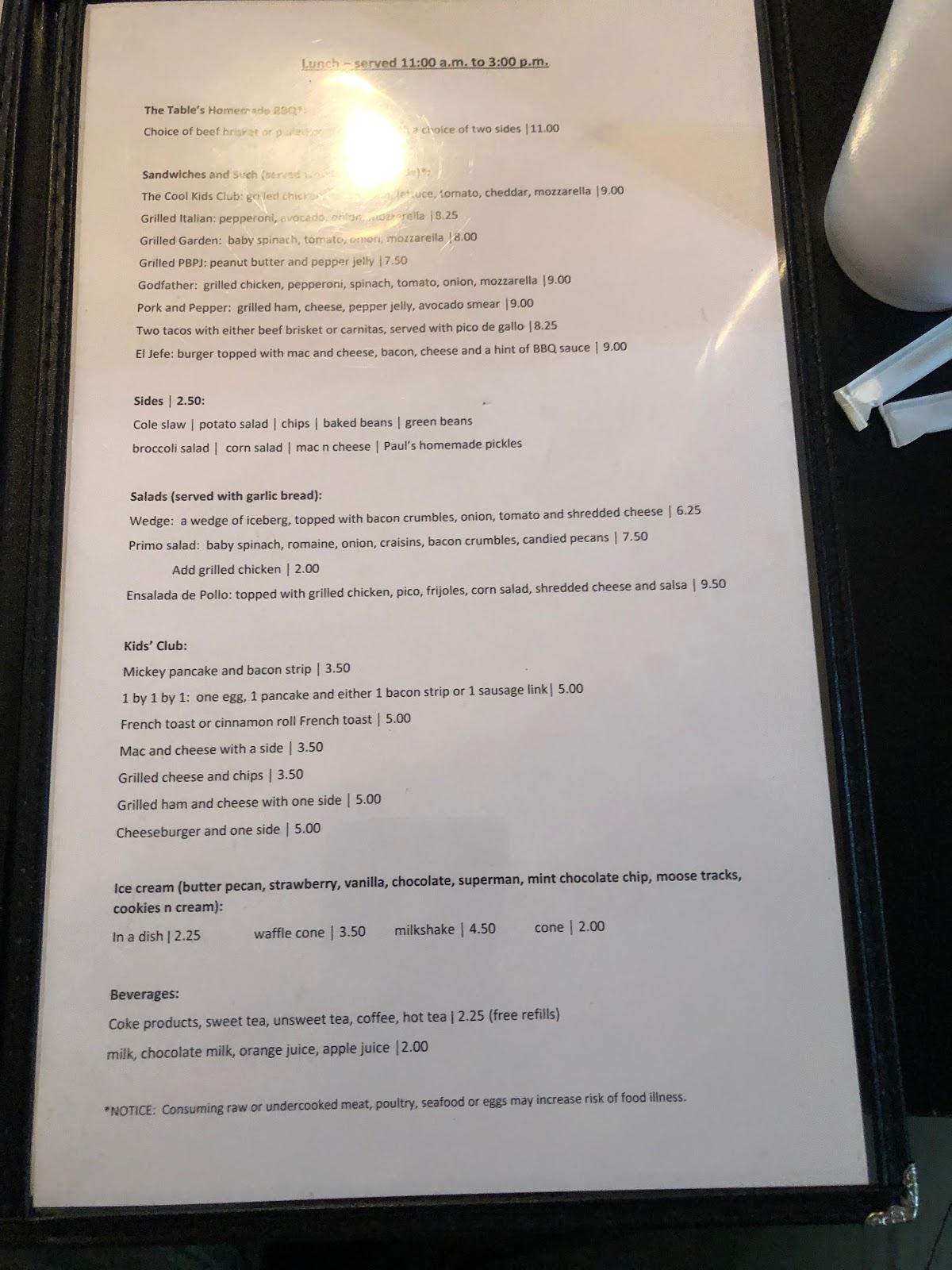 Menu at The Table restaurant, Crawfordsville