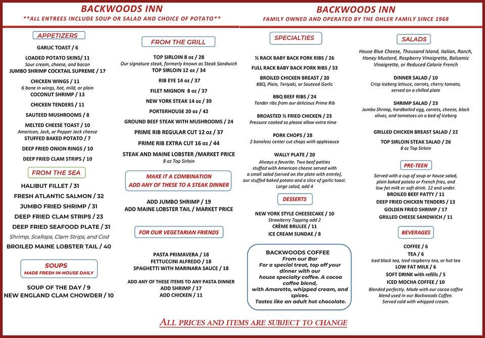 Menu at Backwoods Inn pub & bar, Santa Clarita