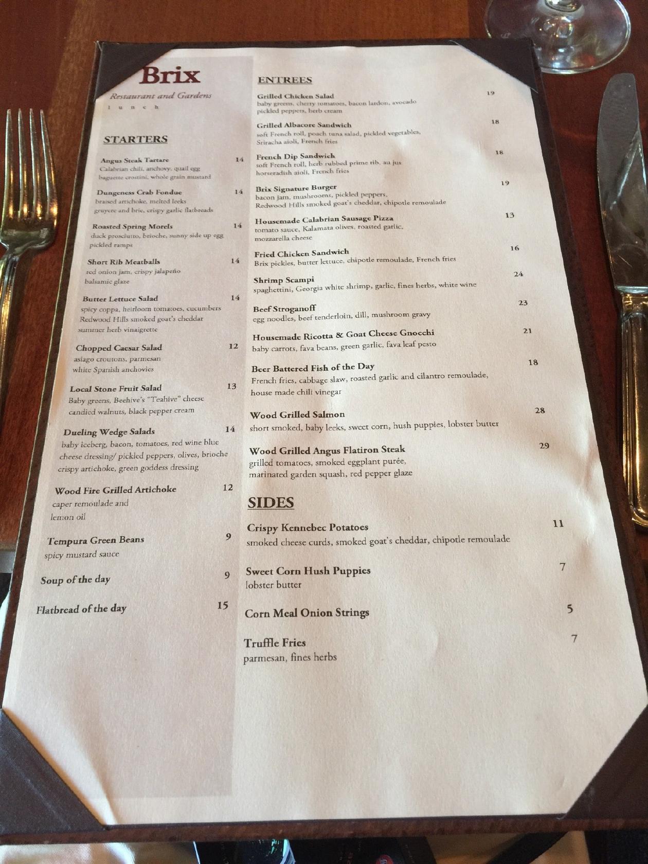 Menu at Brix pub & bar, Yountville