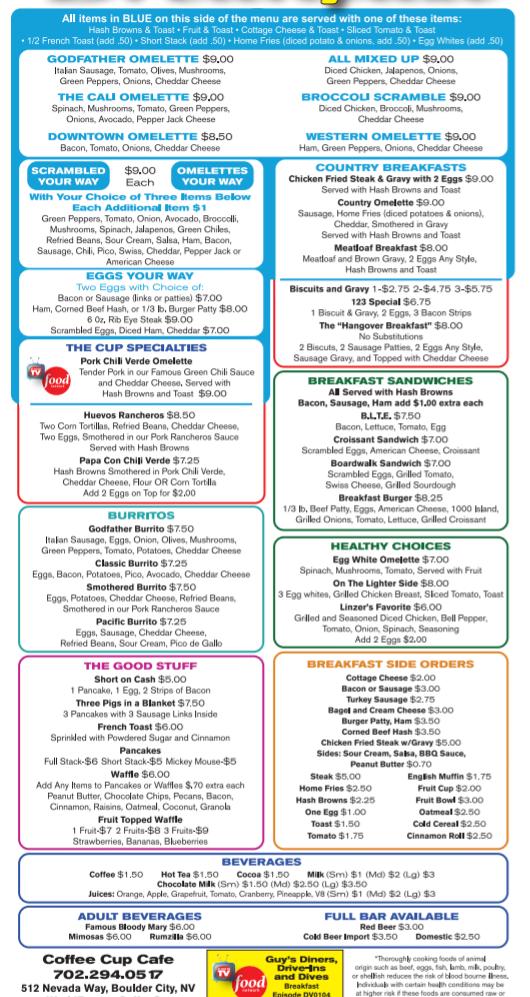 Menu at The Coffee Cup Cafe, Boulder City