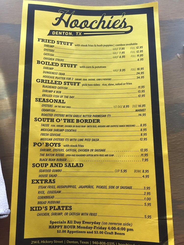 Menu at Hoochies restaurant, Denton, 214 E Hickory St