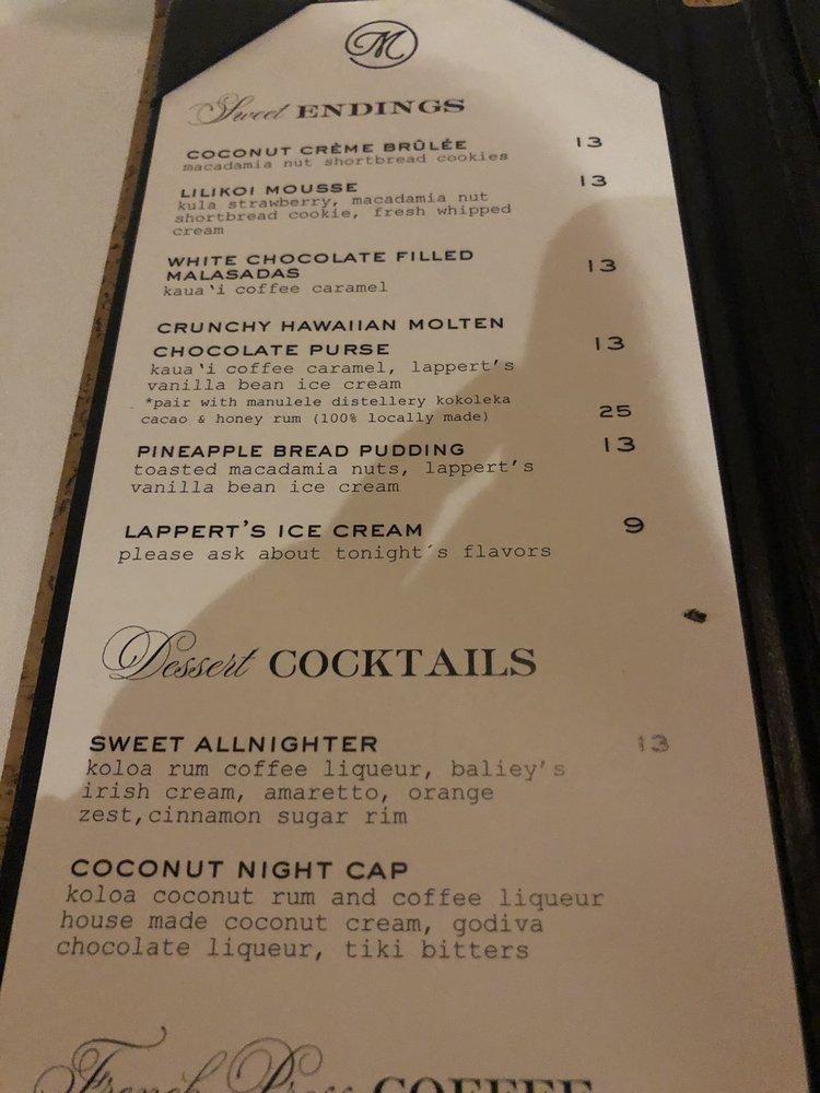 Menu at Merriman's Kauai restaurant, Koloa, Ala Kalanikaumaka St
