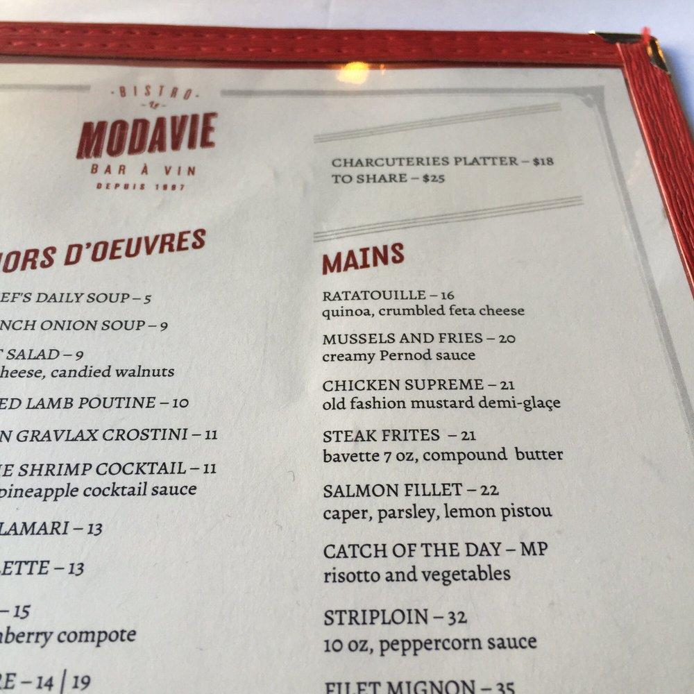 Menu at Modavie restaurant, Montréal, 1 Saint-Paul St W