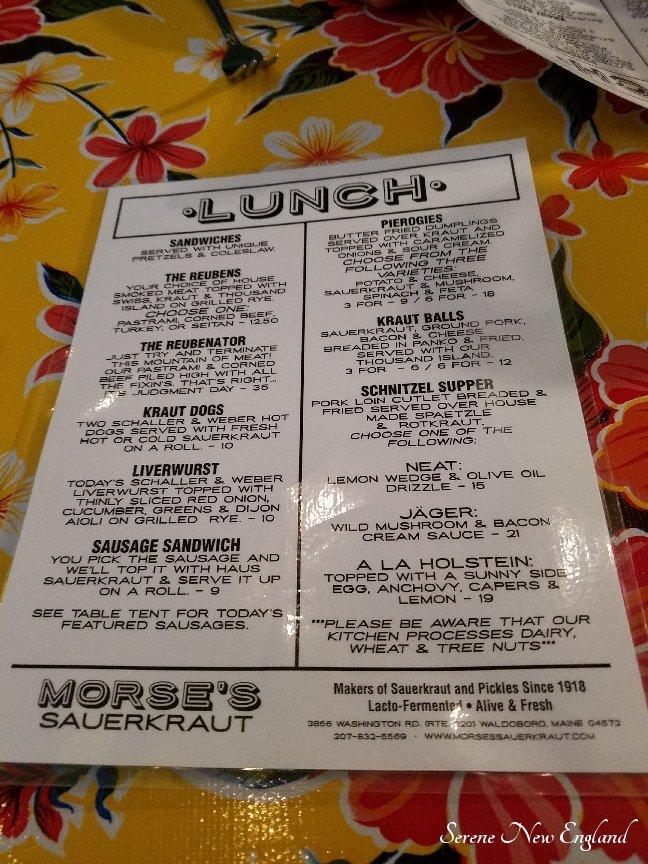 Menu at Morse's Sauerkraut restaurant, Waldoboro