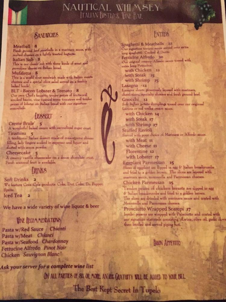 Menu at Nautical Whimsey Italian pub & bar, Tupelo