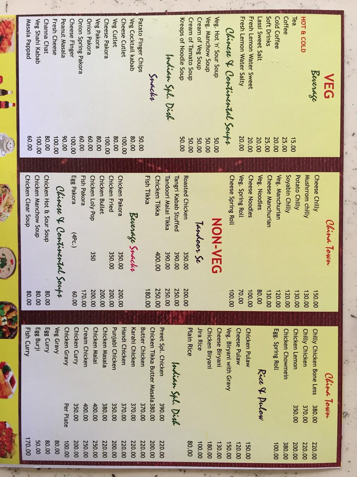 Menu at Preet Restaurant, India
