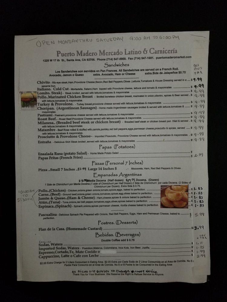 Menu at Puerto Madero restaurant, Santa Ana, W 17th St