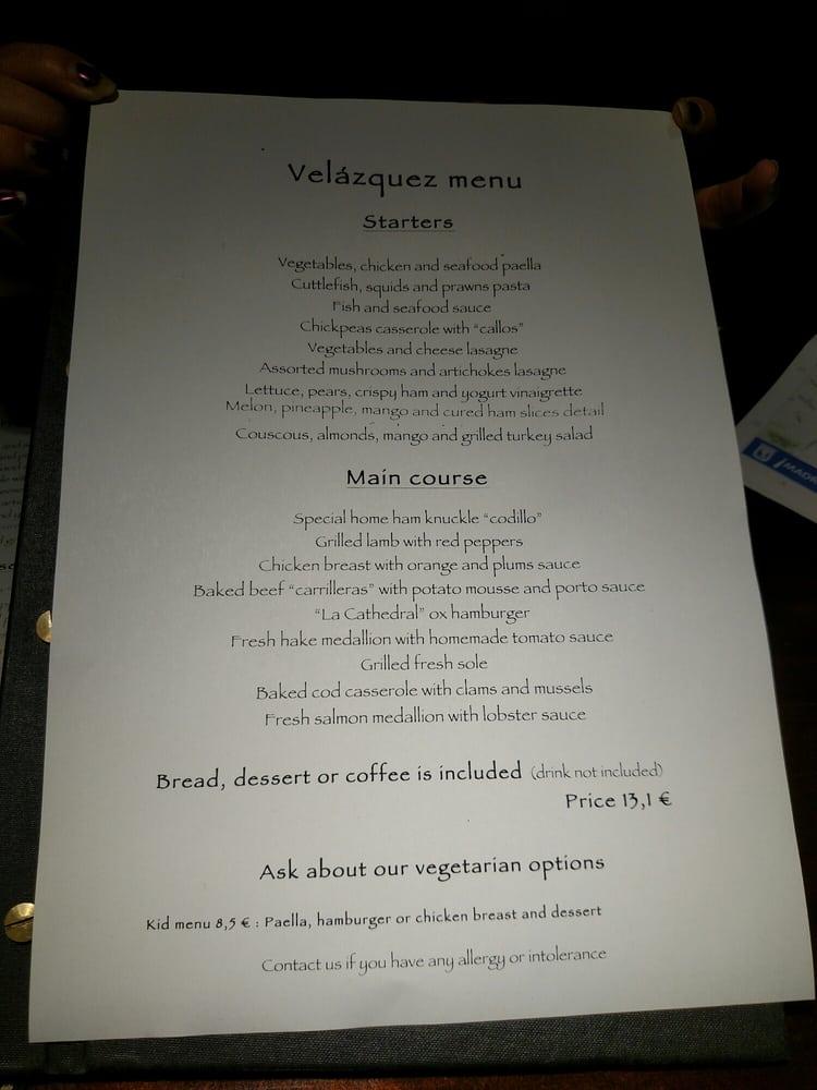 Menu at Restaurante La Catedral, Madrid, Cra de S. Jerónimo